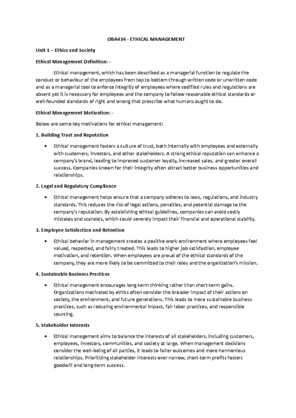 OBA434 Ethical Management Unit 1: Ethics and Society Overview - Studocu