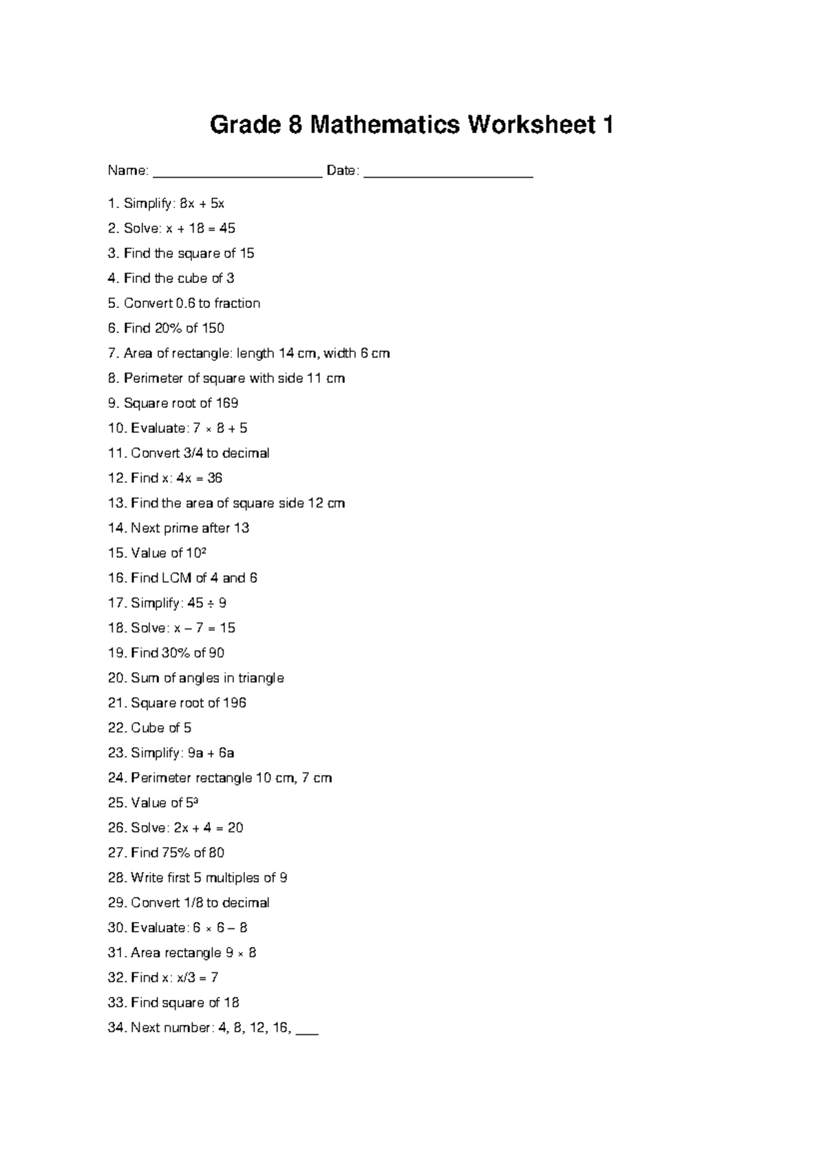 Grade 8 Mathematics Worksheets Compilation - Studocu
