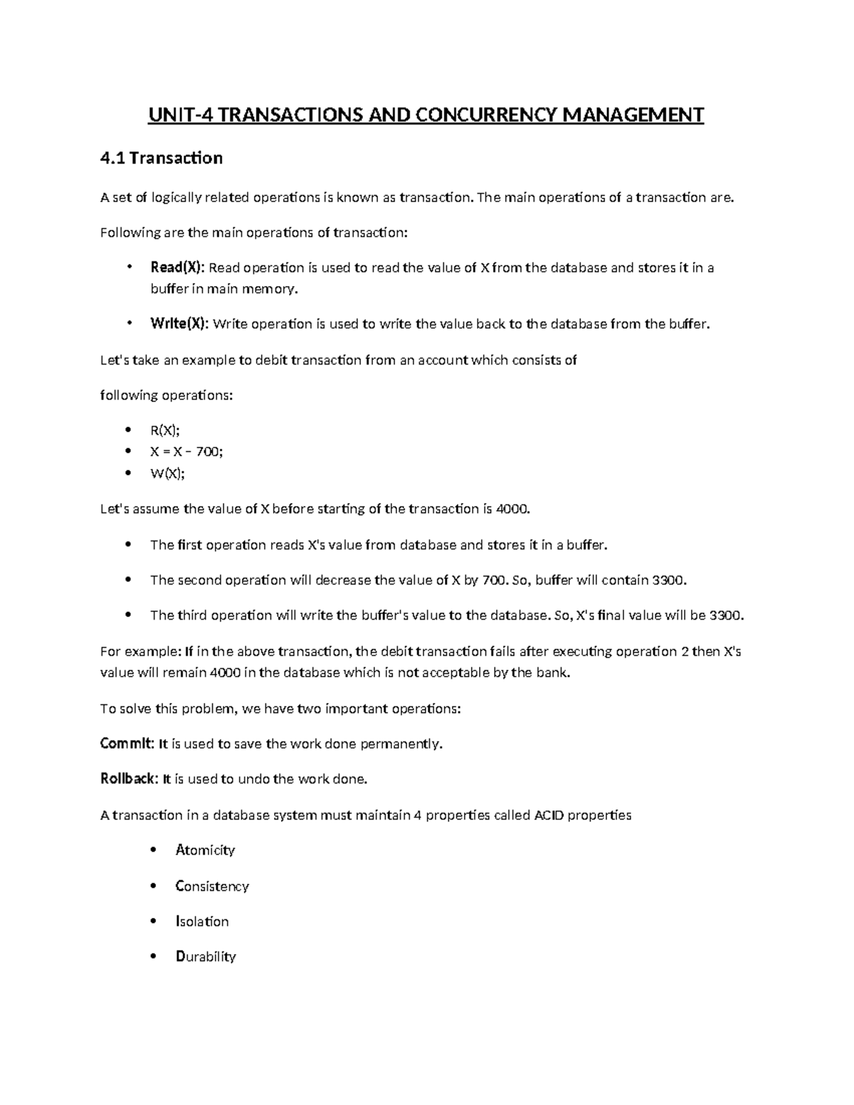 UNIT-4 RDBMS: Transactions, Concurrency, and Recovery Management - Studocu