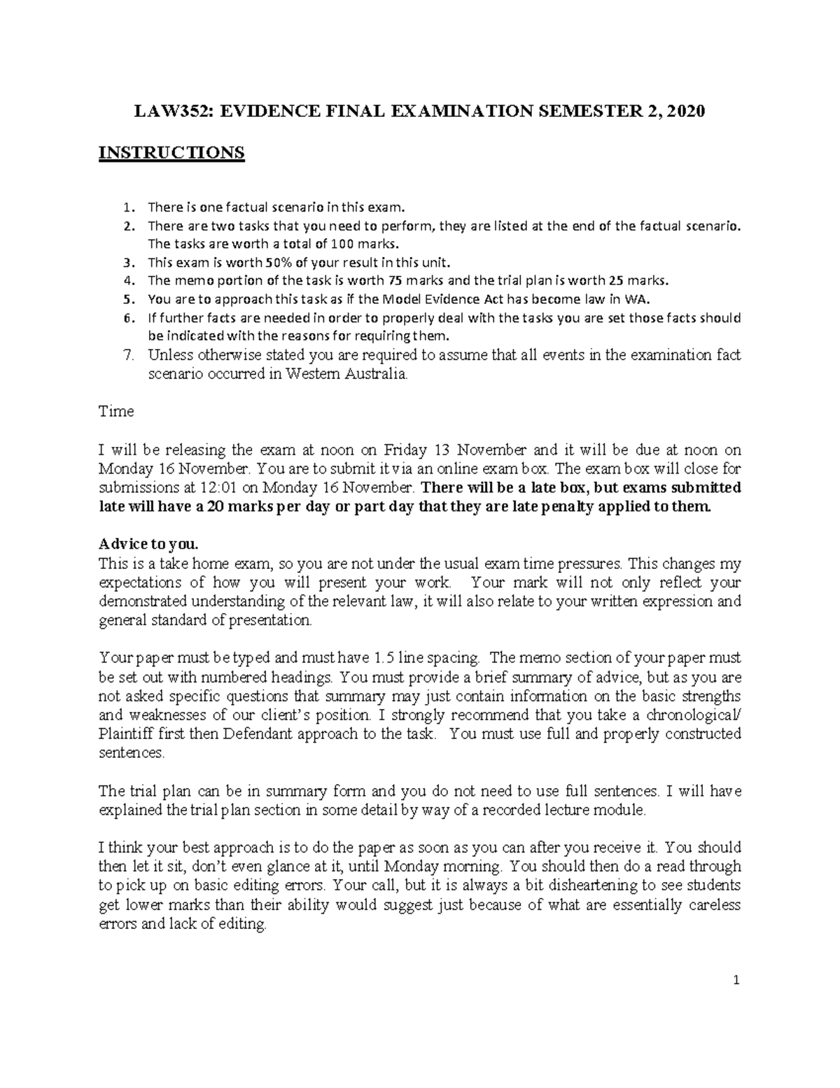 LAW352: EVIDENCE FINAL EXAM SEM 2, 2020 INSTRUCTIONS & SCENARIO - Studocu