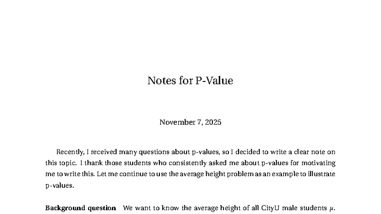 Notes for p-value: Key Concepts and Reminders for Students - Studocu