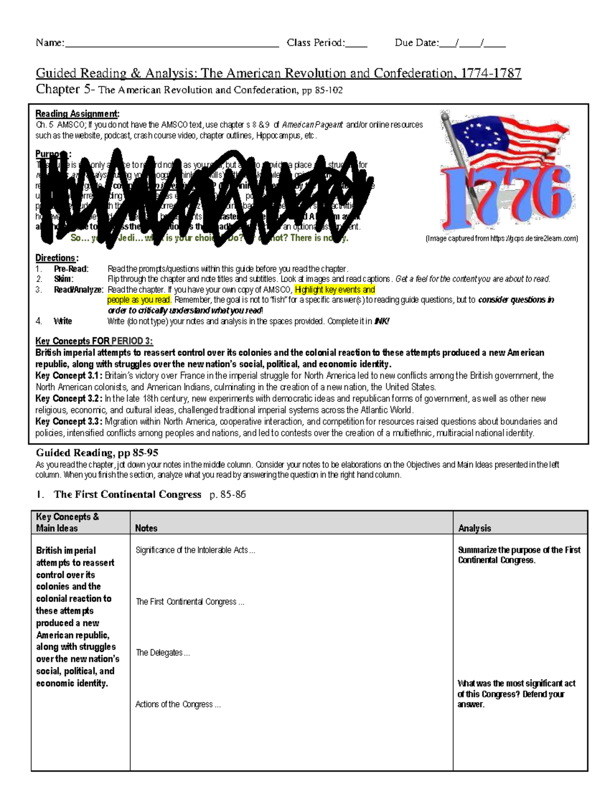 Guided Reading Analysis: AMSCO Ch. 5 - The American Revolution ...