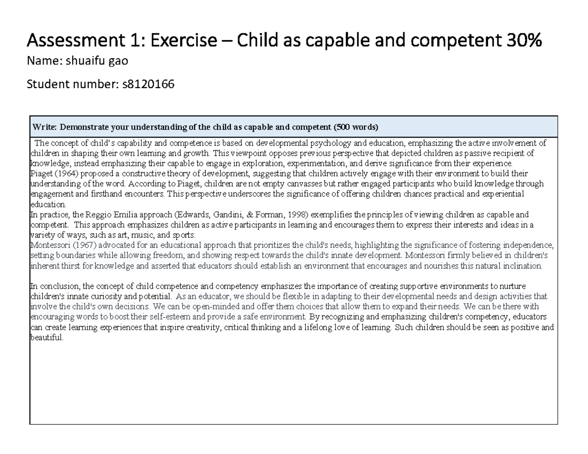 ECE6009 Assessment 1: Understanding the Child as Capable and Competent ...