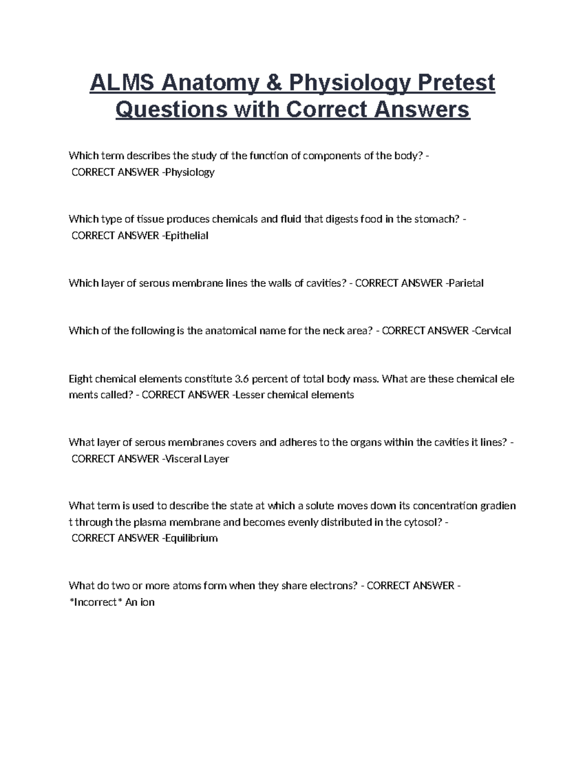 ALMS Anatomy & Physiology Pretest Qs & Answers for Review - Studocu