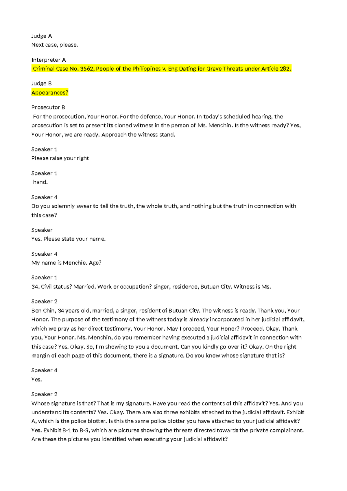 Criminal Case No. 3562: Testimony of Ms. Menchin on Grave Threats - Studocu