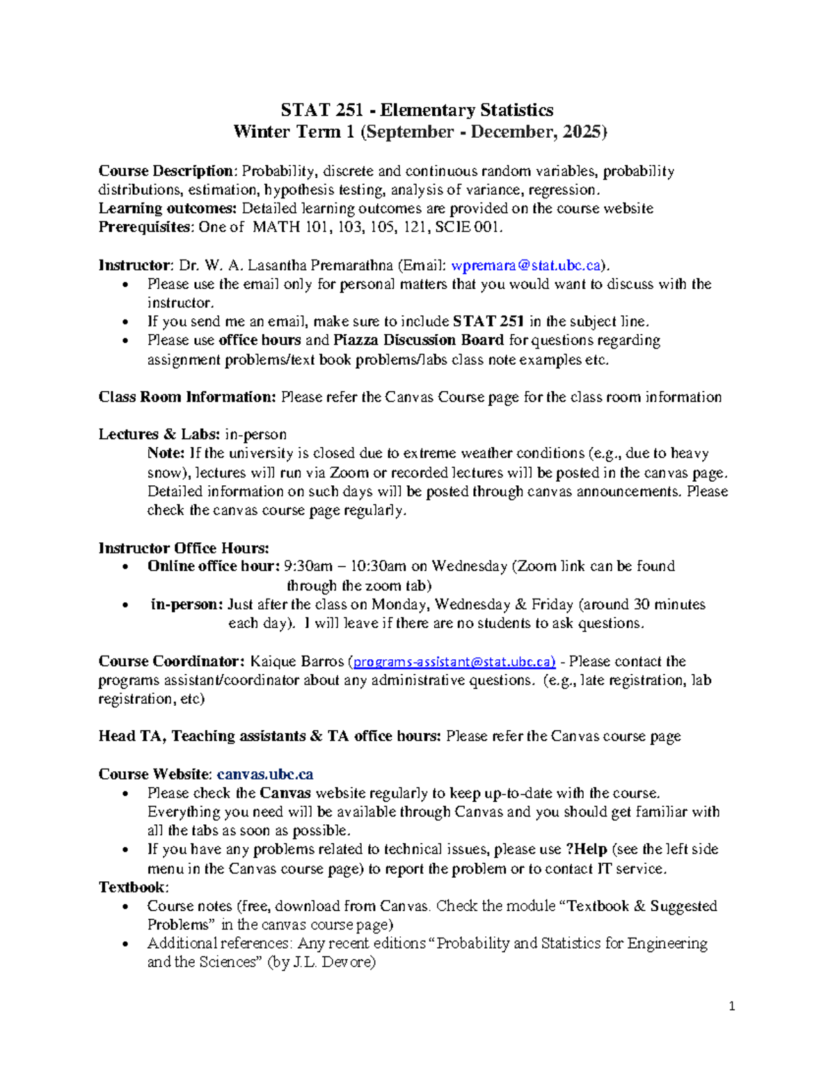 Syllabus for STAT 251: Elementary Statistics Winter Term 1 (2025) - Studocu