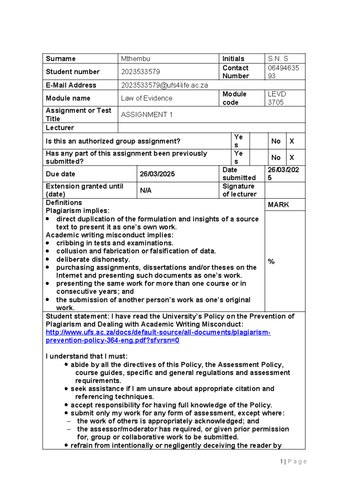LEVD 3705 Assignment 1: Plagiarism Declaration and Legal Opinion - Studocu
