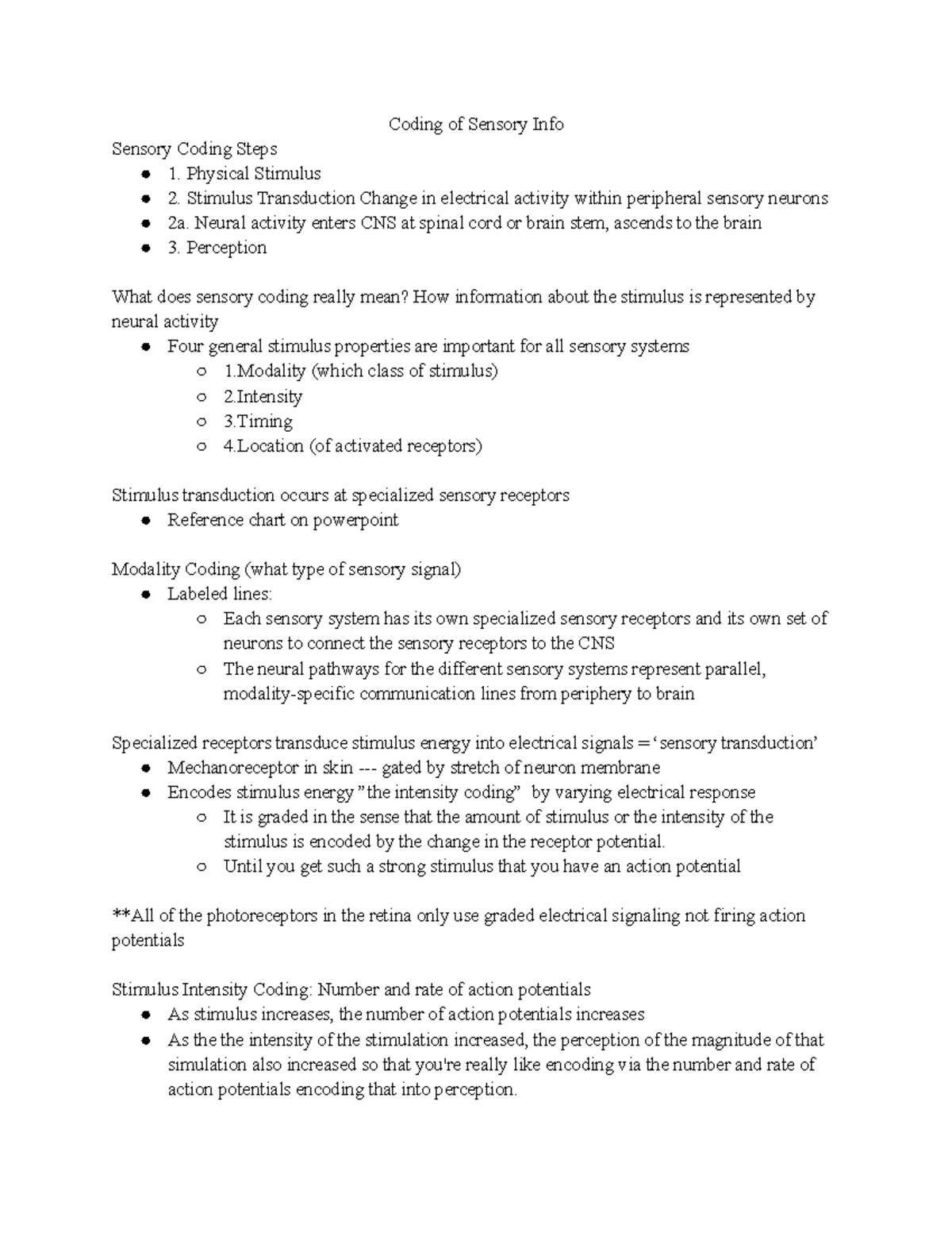 Sensory Coding: Mechanisms, Properties, and Perception Notes - Studocu