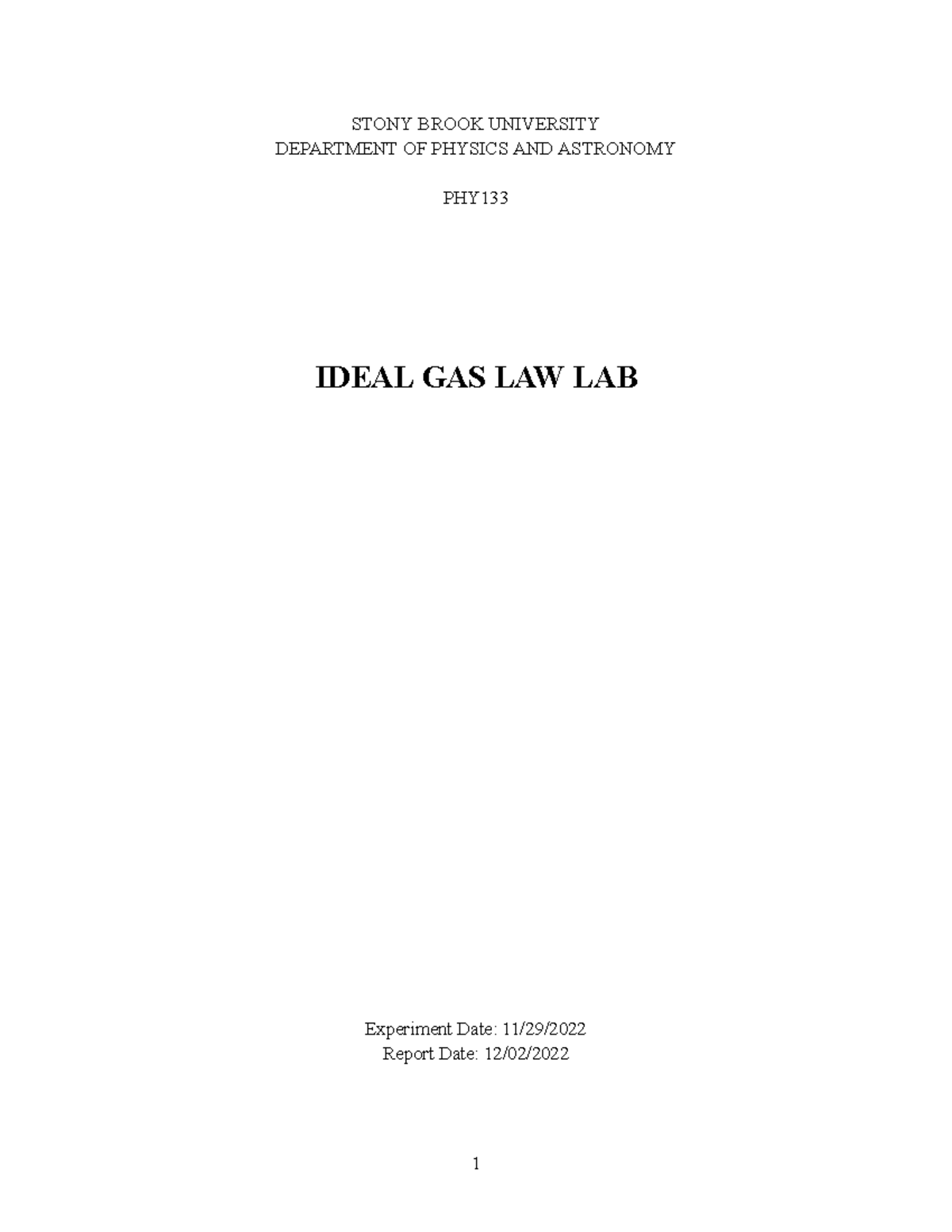 PHY133 Ideal Gas Law Lab Report: Analysis and Findings - Studocu