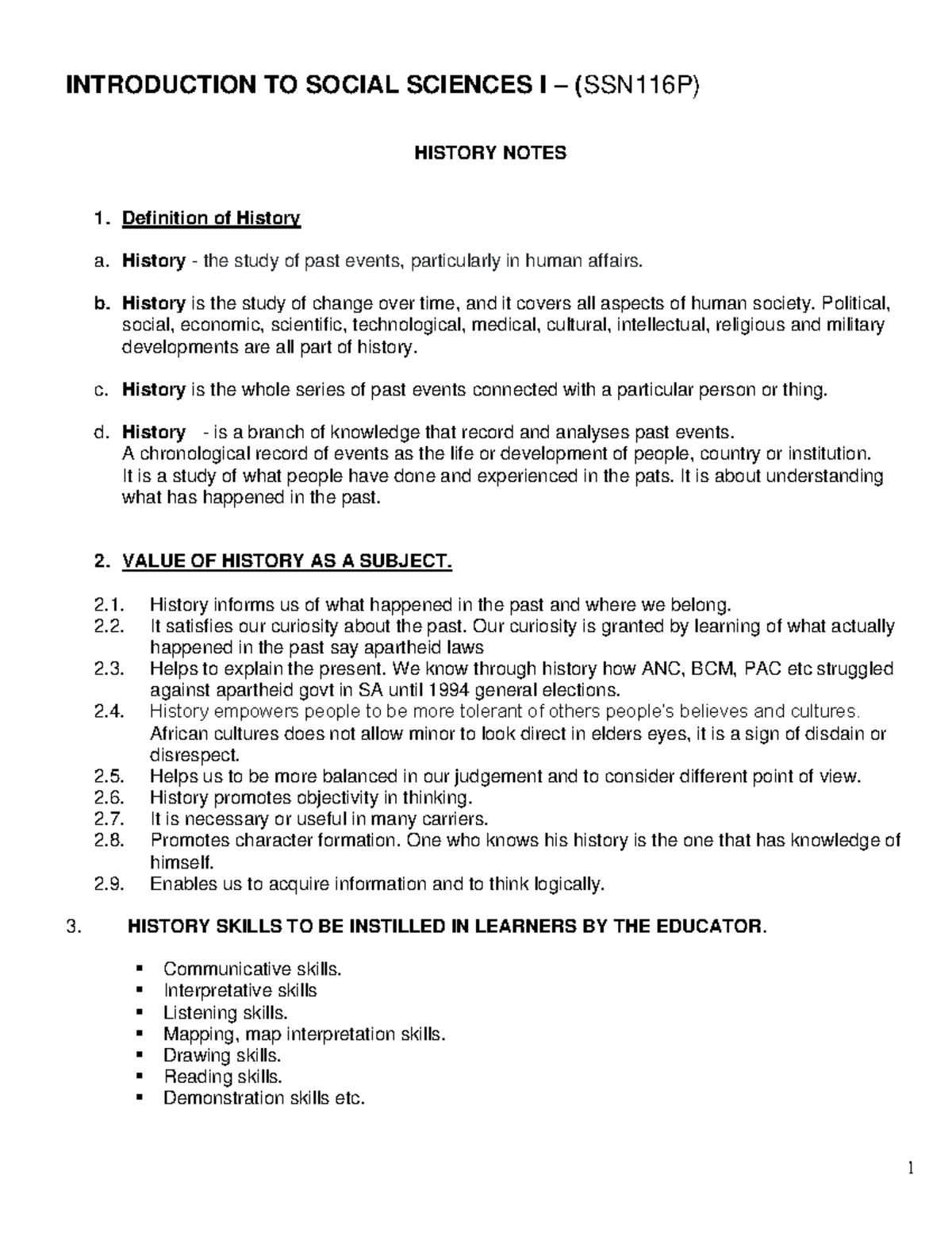 Introduction to Social Sciences I (SSN116P) - History Notes and Skills ...