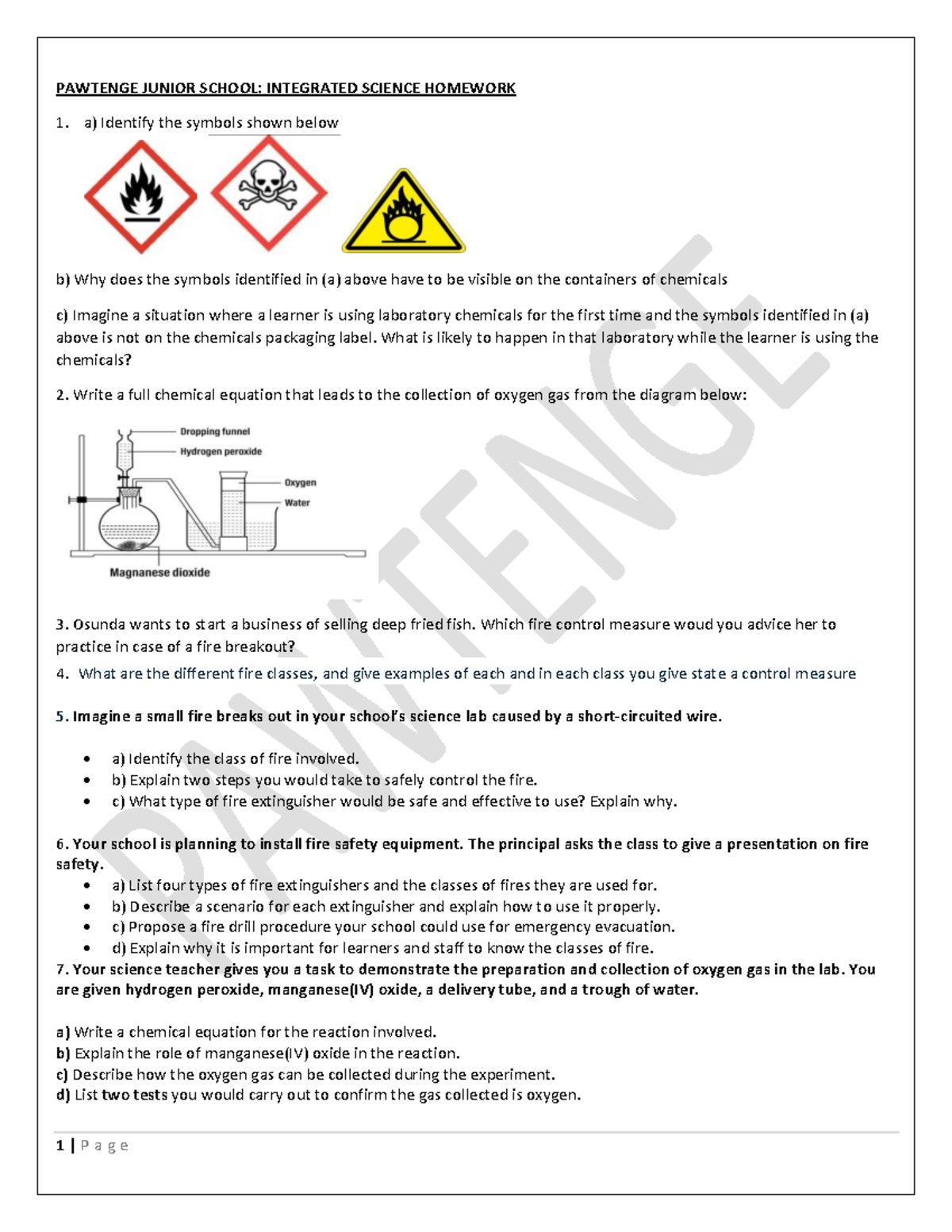 INT/SCI H/W GRADE 8: CHEMICAL SAFETY & OXYGEN GAS COLLECTION - Studocu