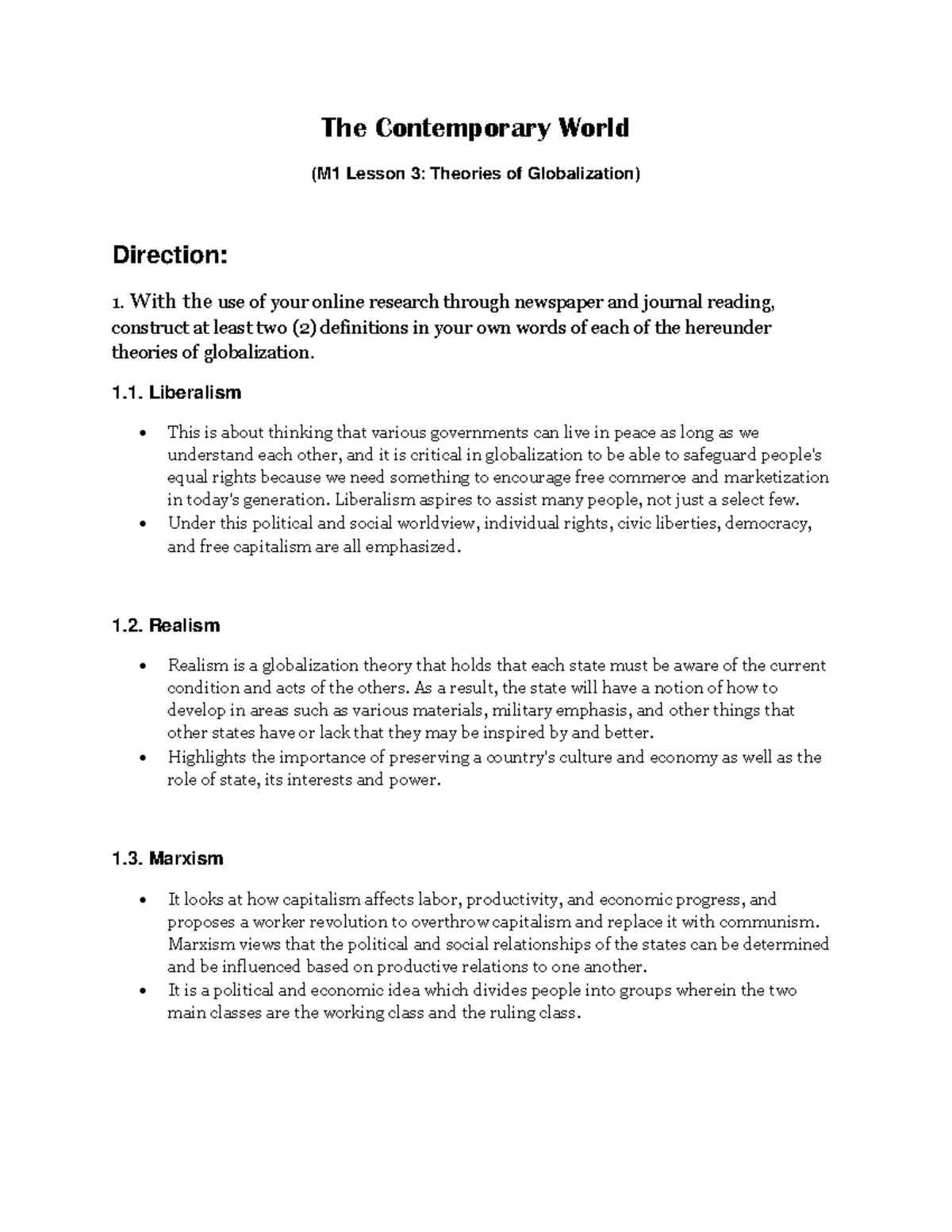 While-task 1 - :)) - The Contemporary World (M1 Lesson 3: Theories of Globalization) Direction ...