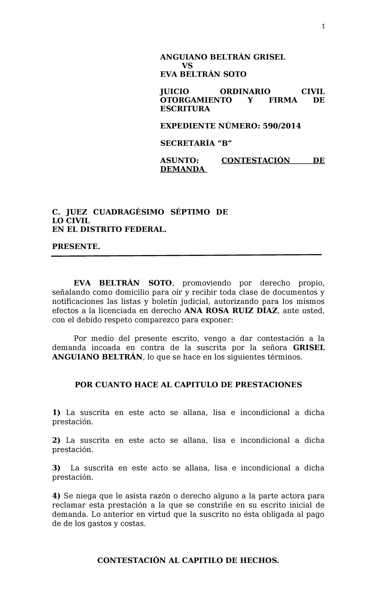 Contestación de Demanda 590-14: Grisel Anguiano vs. Eva Beltrán - Studocu