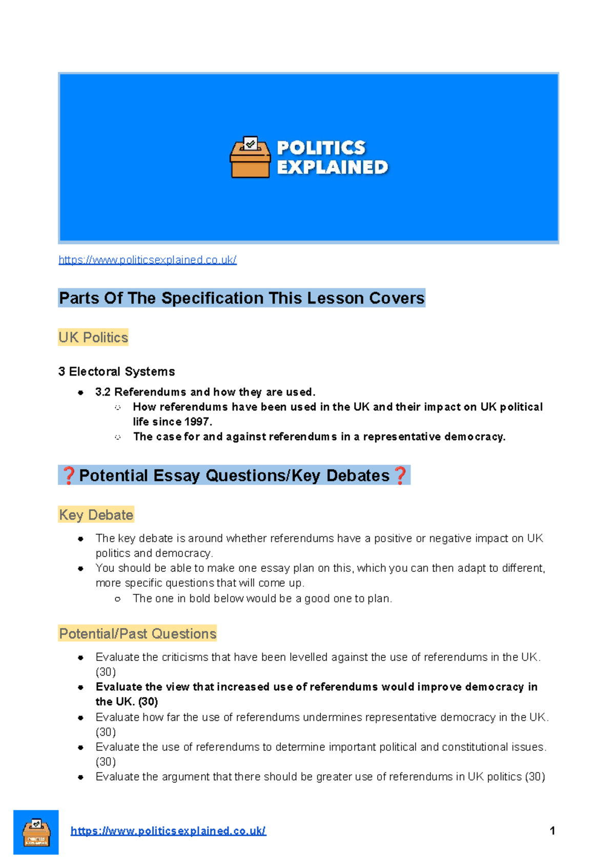 Referendums in UK Politics: Key Debates and Impacts (POL3) - Studocu