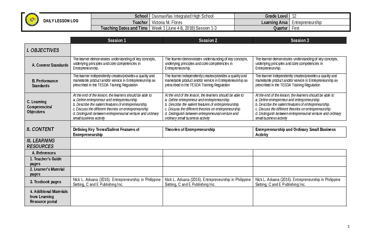 Daily Lesson Log: Entrepreneurship (Grade 12) - Week 1 Overview - Studocu