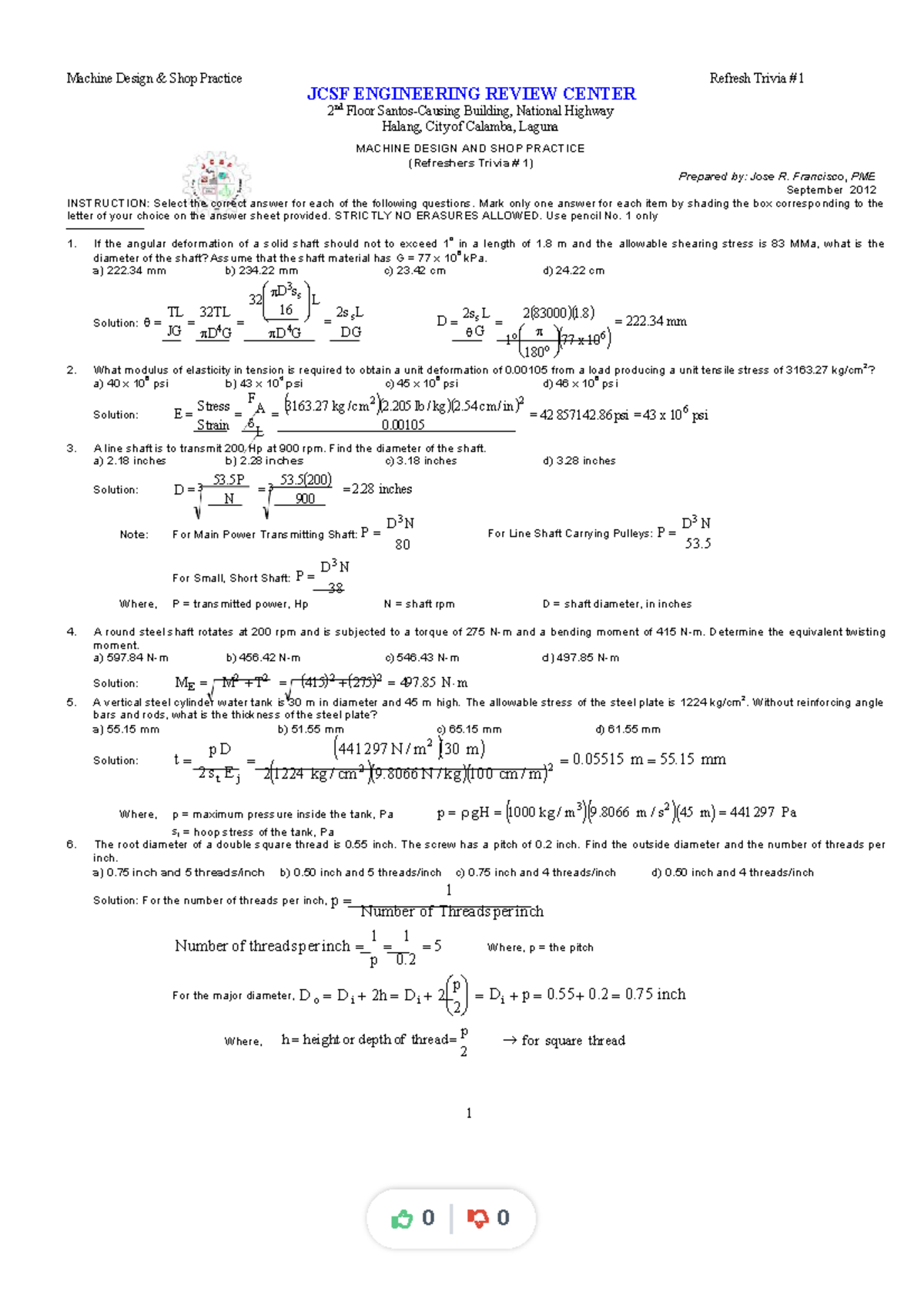 Machine Design and Shop Practice Refreshers Trivia 1 (MDSP 101) - Studocu