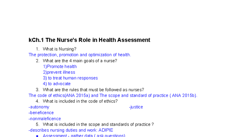NUR 101 Health Assessment Study Guide: Key Concepts and Nursing Roles ...