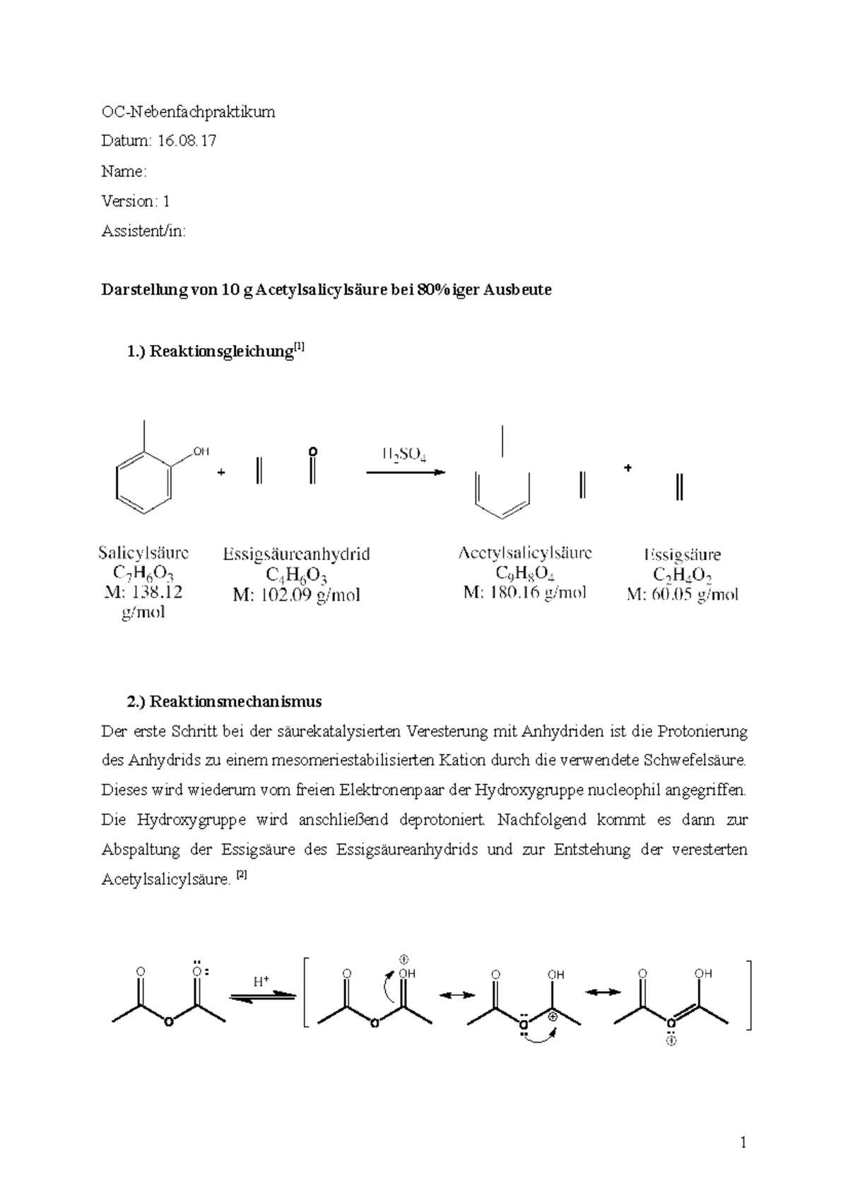 Protokoll Aspirinsynthese - Organisch-chemisches Grundpraktikum ...