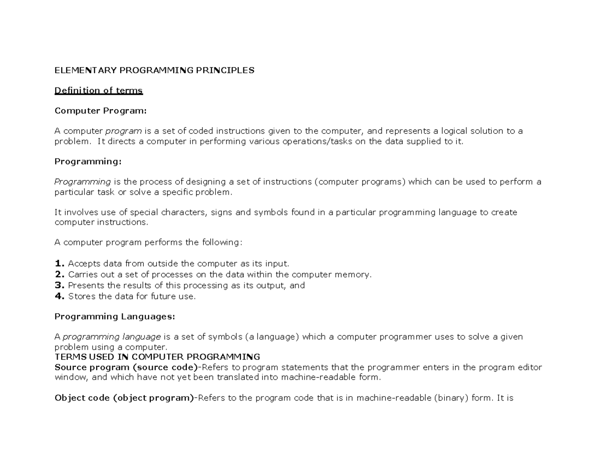 Elementary Programming Principles: Key Concepts and Definitions - Studocu