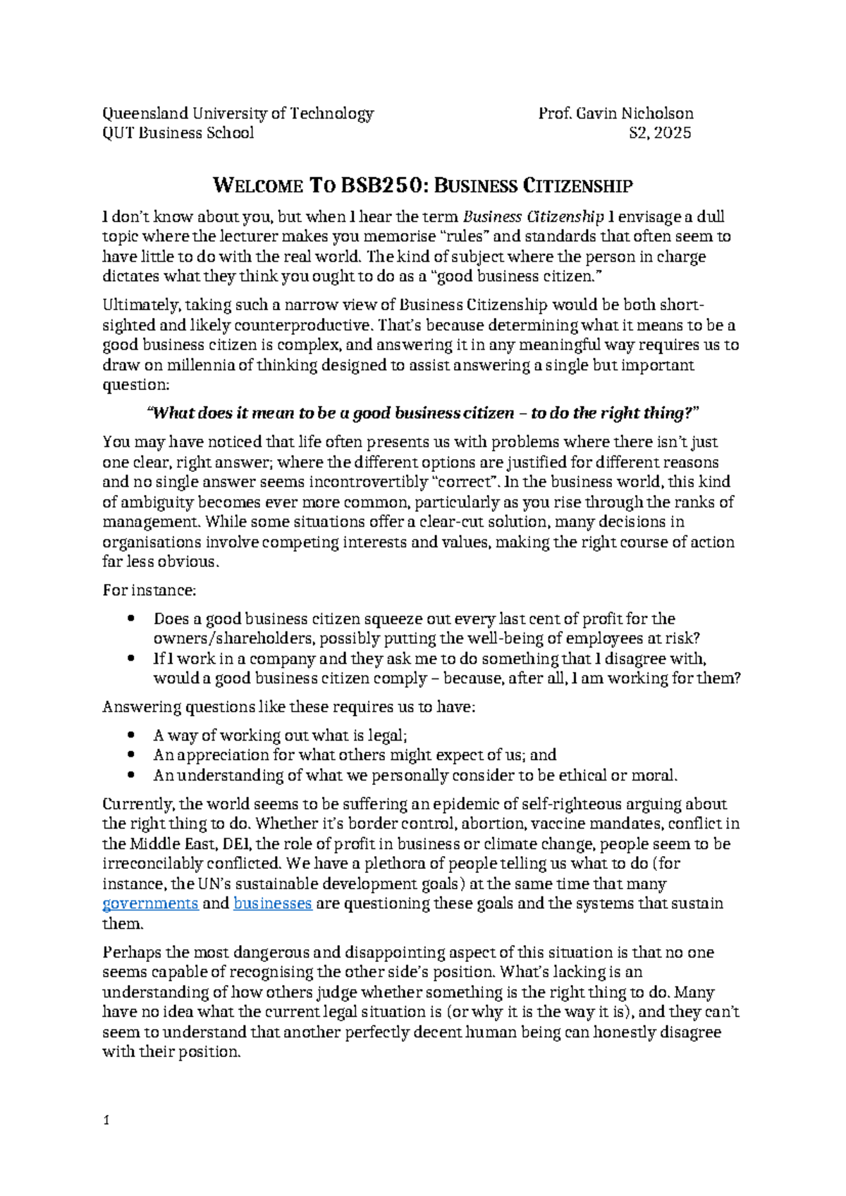 BSB250: Business Citizenship Course Overview & Syllabus S2 2025 - Studocu