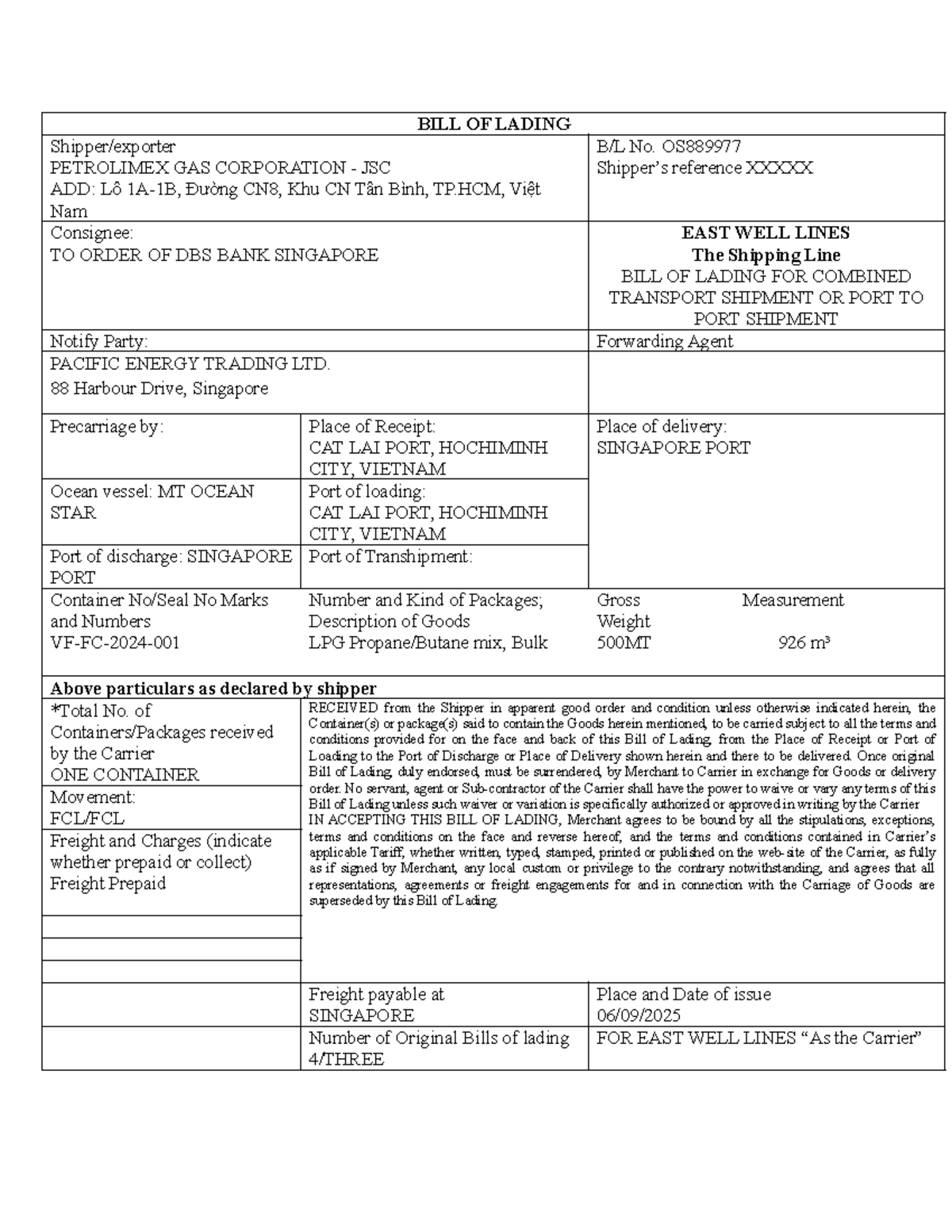 BILL OF LADING FOR LPG SHIPMENT - PETROLIMEX GAS CORP - Studocu
