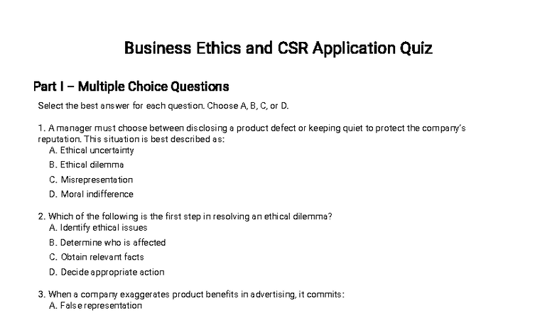 Business Ethics & CSR Mock Quiz: Ethical Dilemmas & Solutions - Studocu