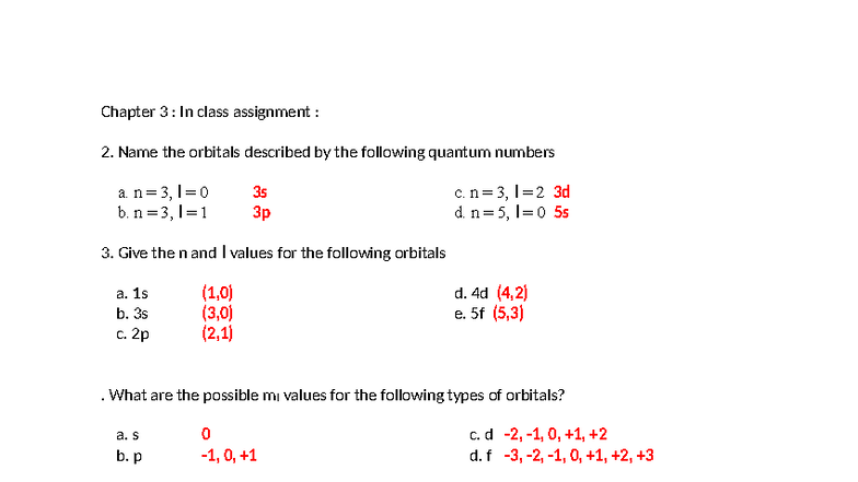 Chapter 3: In-Class Assignment on Quantum Numbers and Orbitals - Studocu