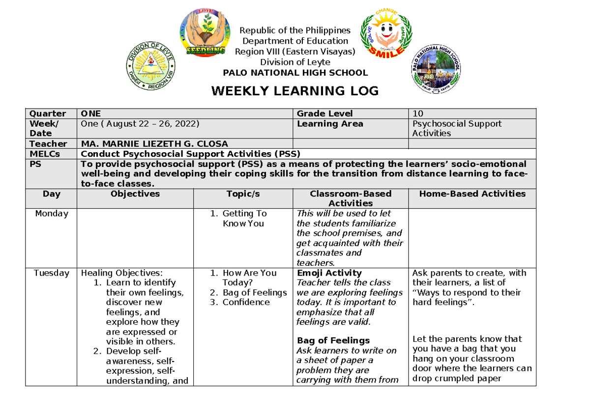 WLL-Q1W1 - Grade 10 Weekly Learning Log for Psychosocial Support - Studocu