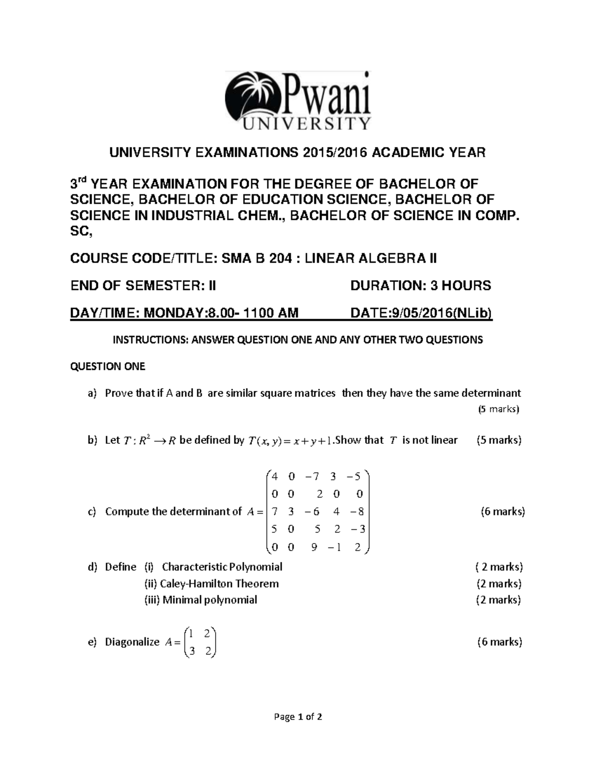 SMA B 204: Linear Algebra II - Practice Exam Materials - Studocu