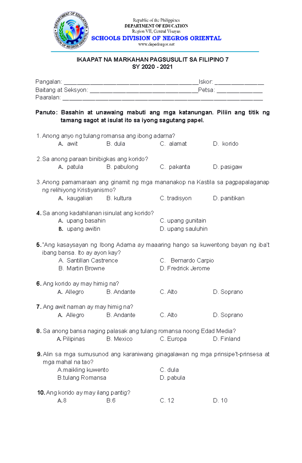 Q4 FIL7 Summative TEST - Filipino 7 Practice Questions - Studocu