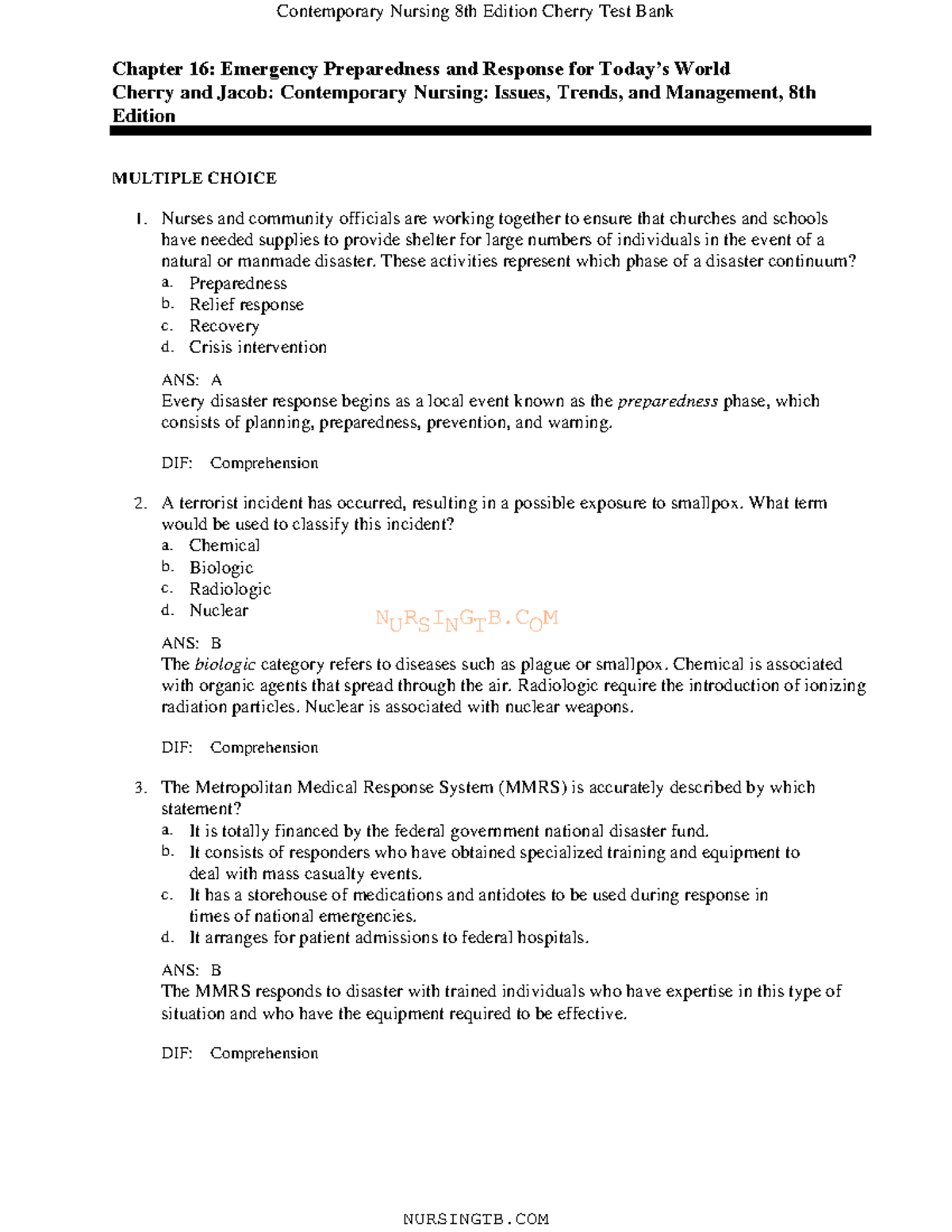 NURSING 101: Practice Questions for Emergency Preparedness Exam - Studocu