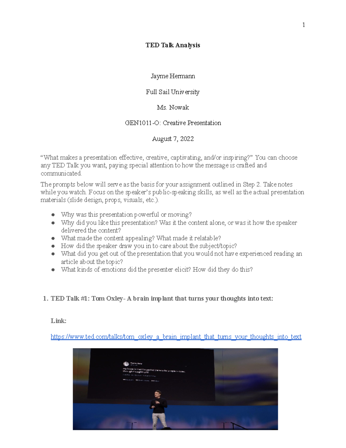 GEN1011-O-Creative Presentation 1.4 Analysis of TED Talks - Studocu