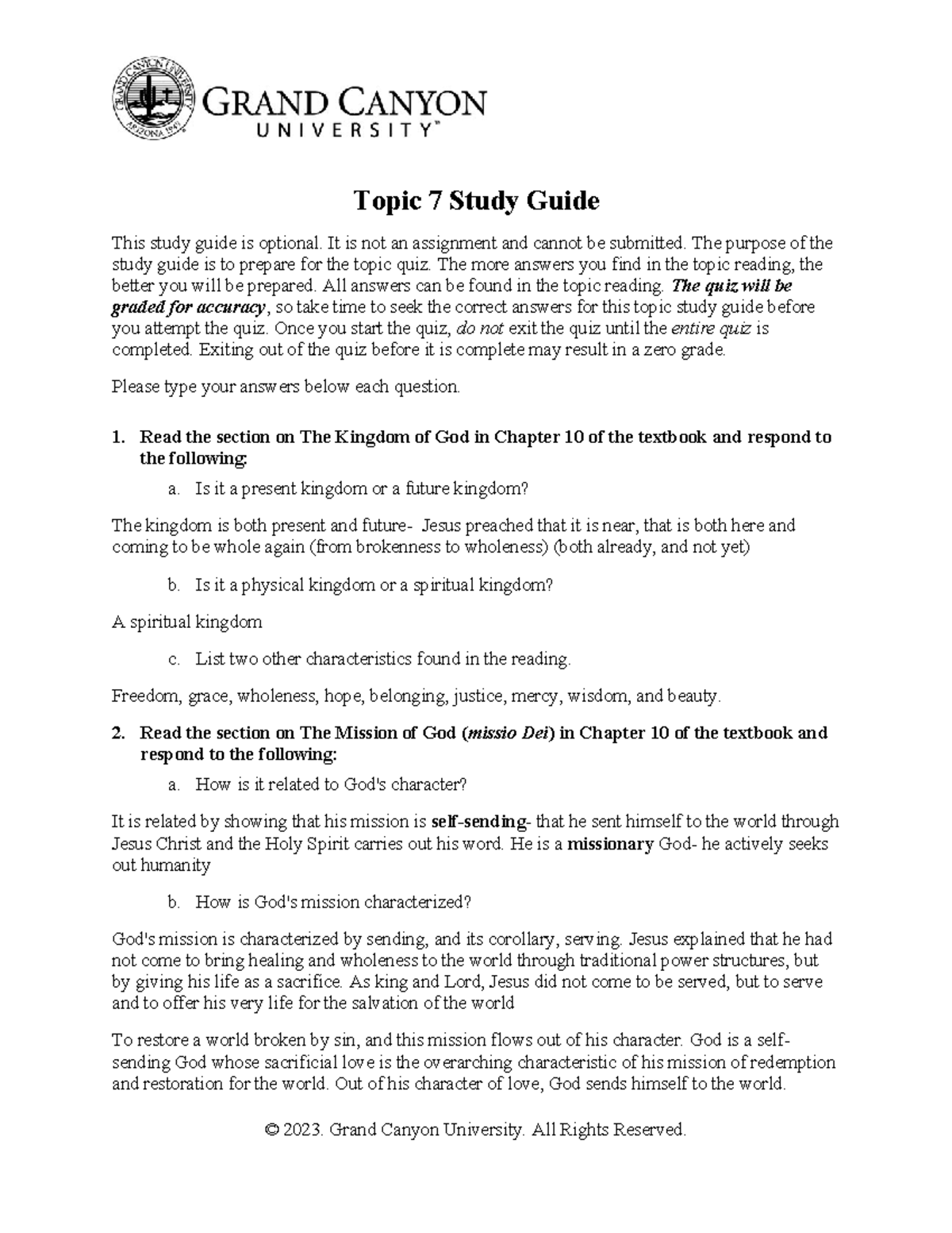Topic 7 Study Guide: Preparing for the Quiz on The Kingdom of God and ...