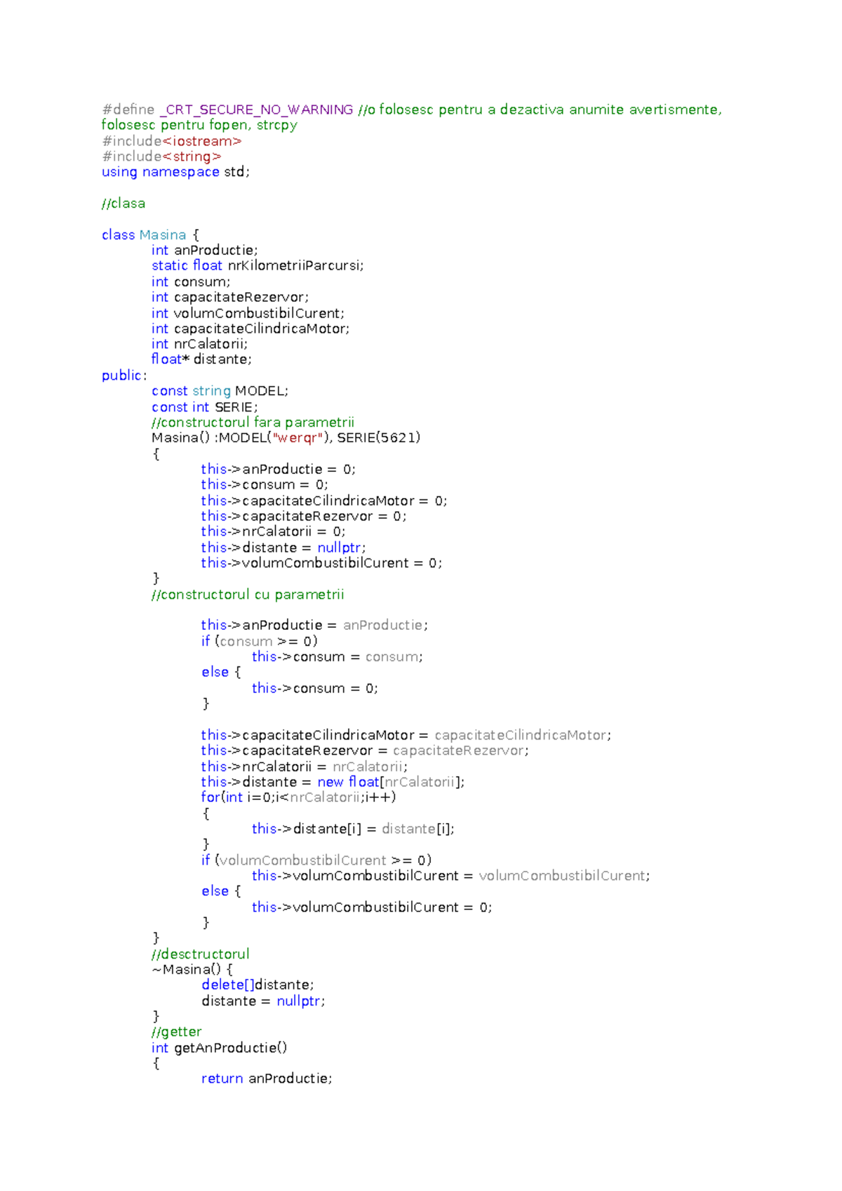 Cod POO: Clasa Masina și Funcționalități în C++ - Studocu