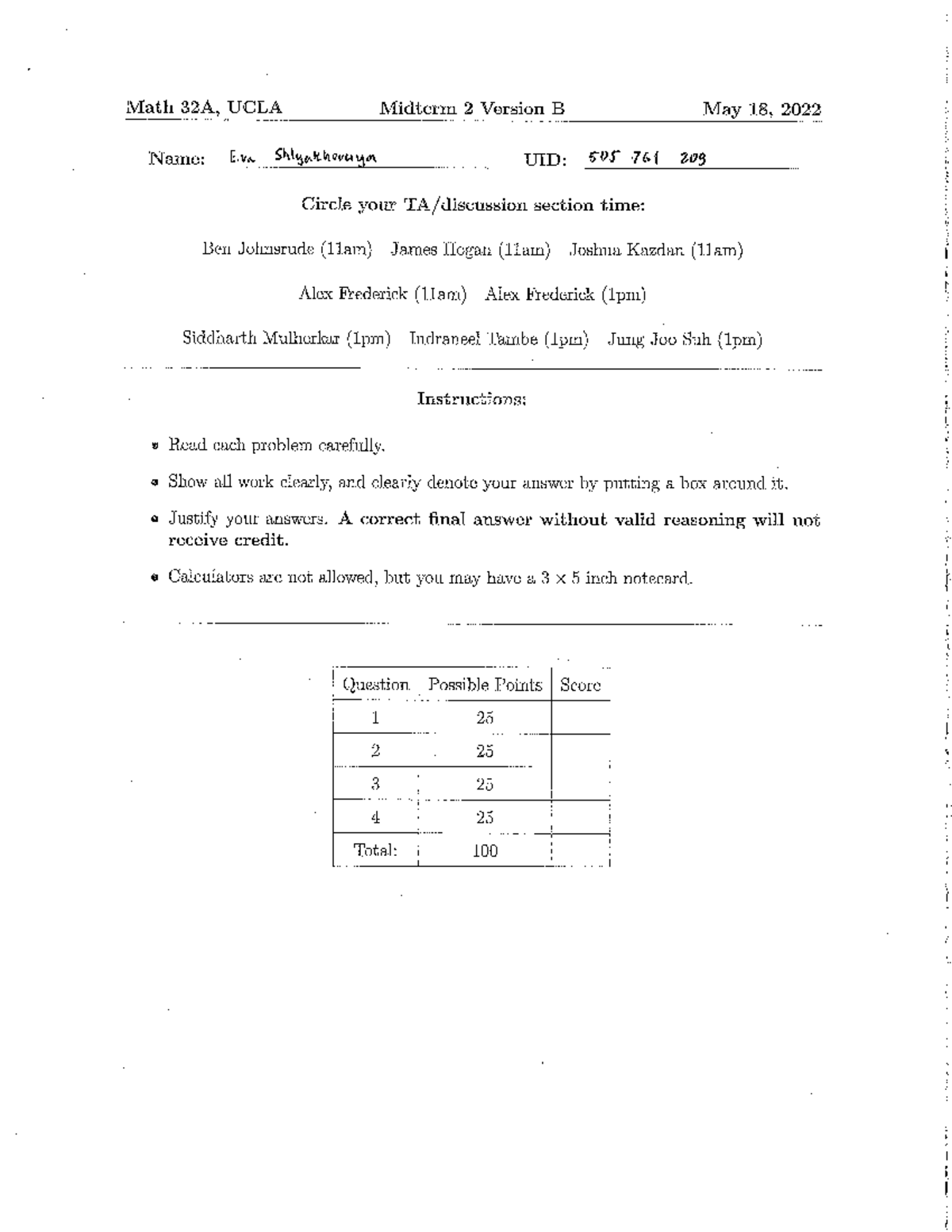 Math 32A: Multivariable Calculus - Midterm 2 Version B - Professor Wong ...
