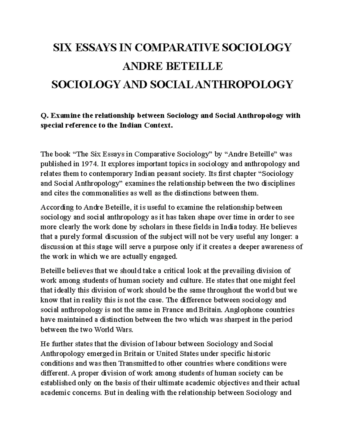 Sociology AND Social Anthropology- Andre Beteille - SIX ESSAYS IN ...