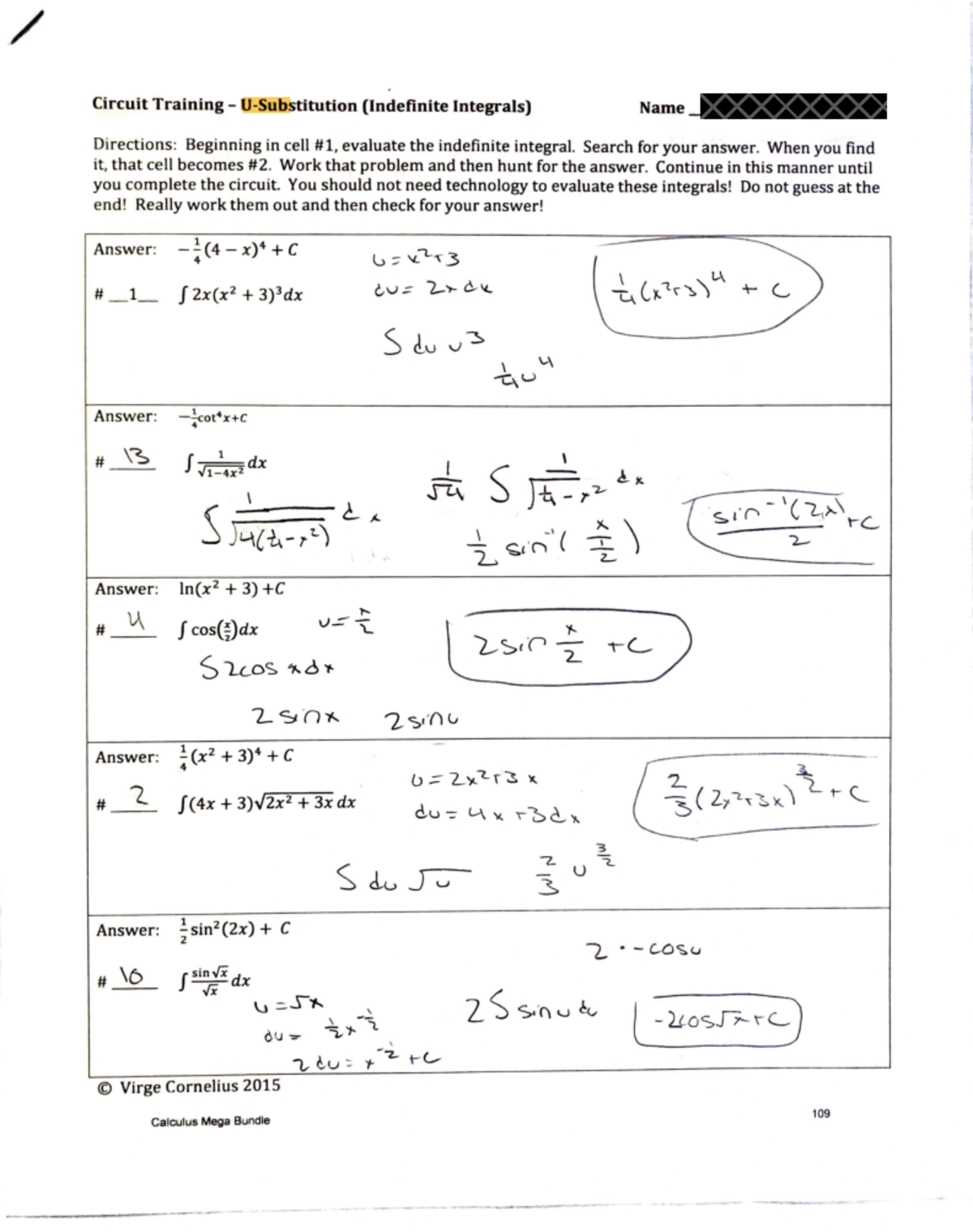 U Sub Indefinite Circuit - / Circuit Training - U-Substitution ...