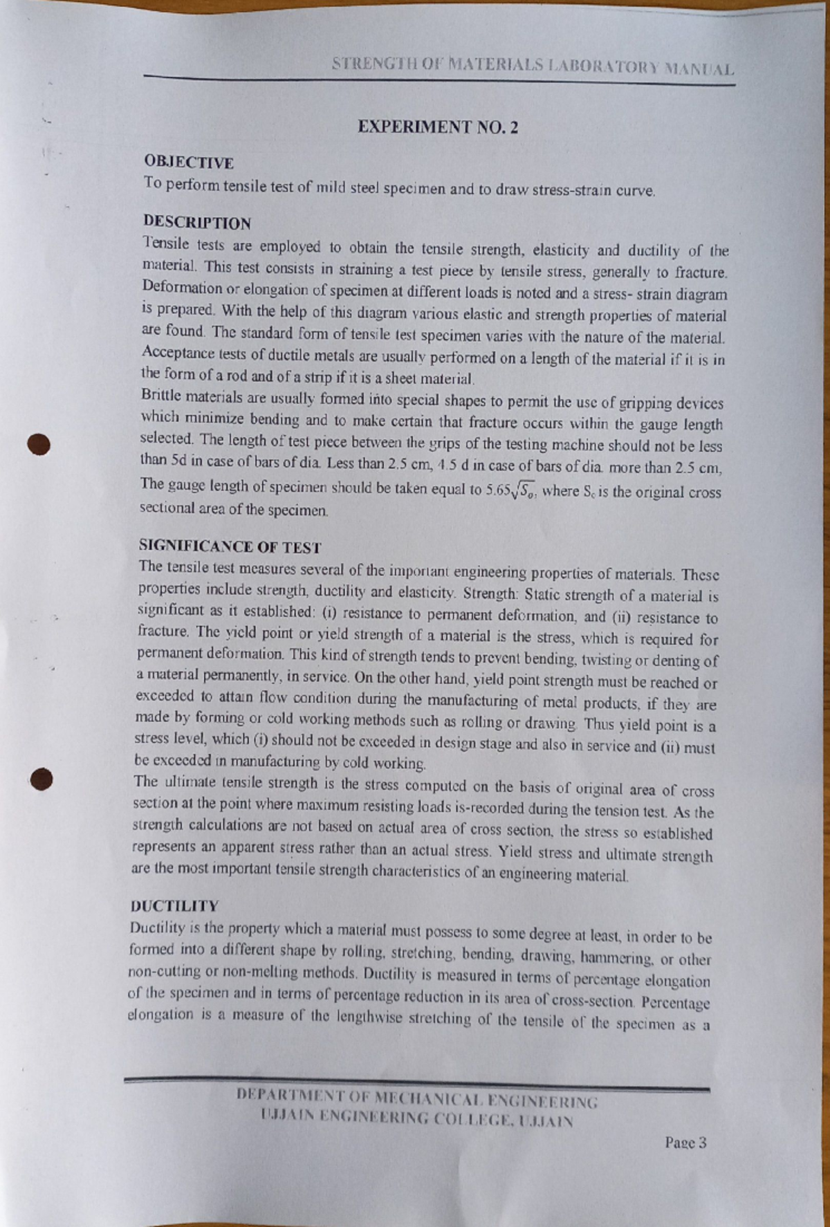 S-O-M Laboratory Manual: Experiments 2-4 on Tensile & Compressive Tests ...