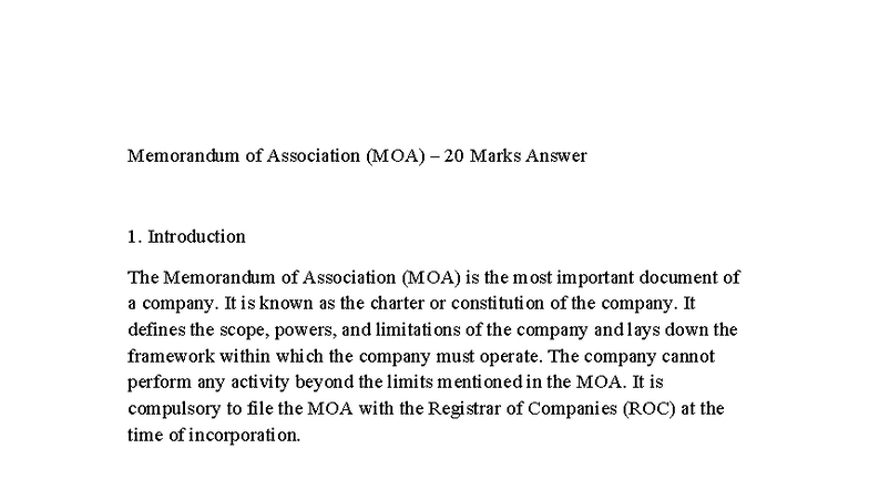 MOA 20 Marks Answer: Importance and Clauses Explained - Studocu