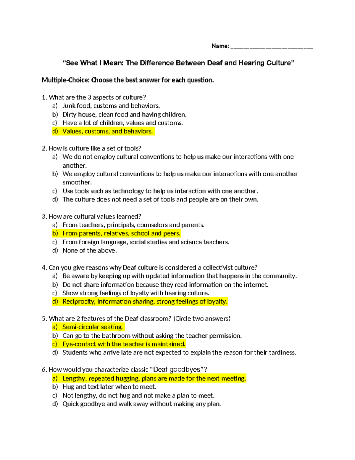 Worksheet: Understanding Deaf and Hearing Culture Differences - Studocu