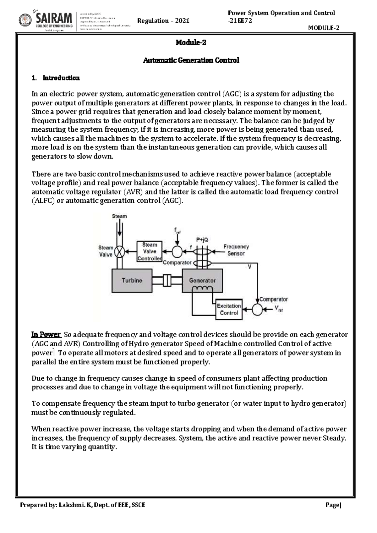 Regulation 2021: Power System Operation & Control - AGC Overview (21EE72) - Studocu