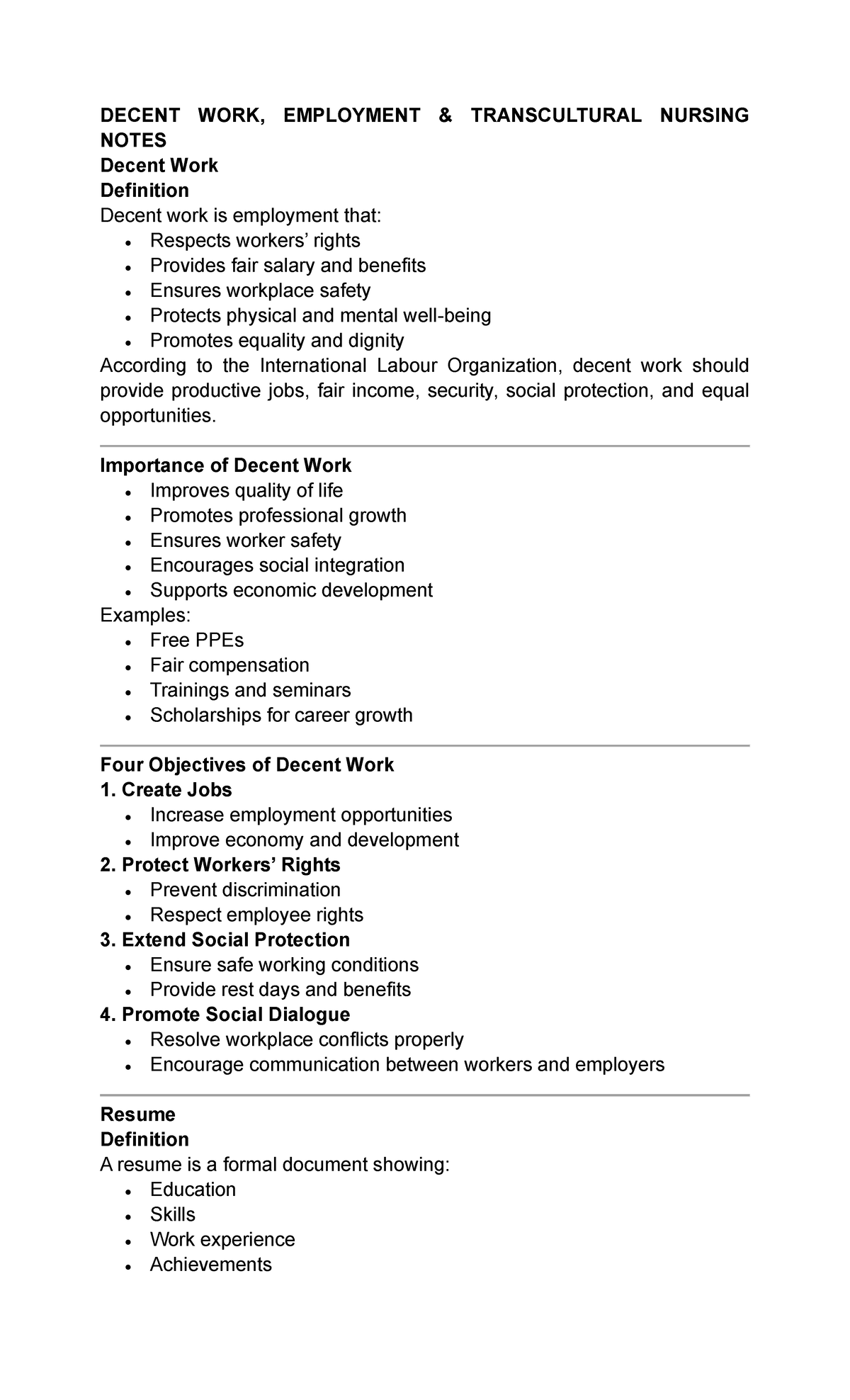 NUR 112: Decent Work & Resume Preparation Notes - Studocu