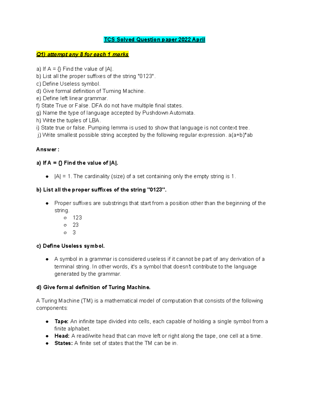 TCS Solved Question Paper 2022: Comprehensive Exam Review - Studocu