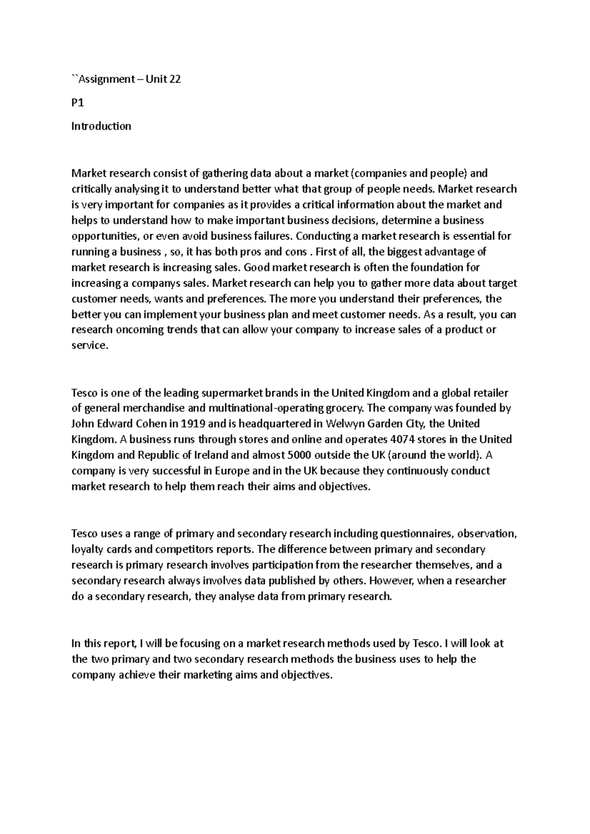 Unit 222 - Market Research Methods at Tesco: Analysis & Insights - Studocu