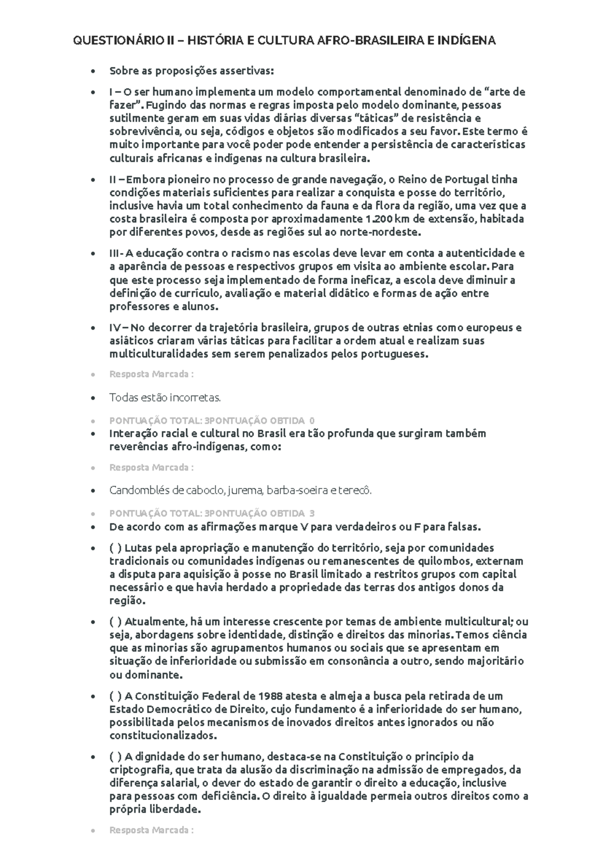 Questionário II - Hist. e Cultura Afro-Brasileira e Indígena - Studocu