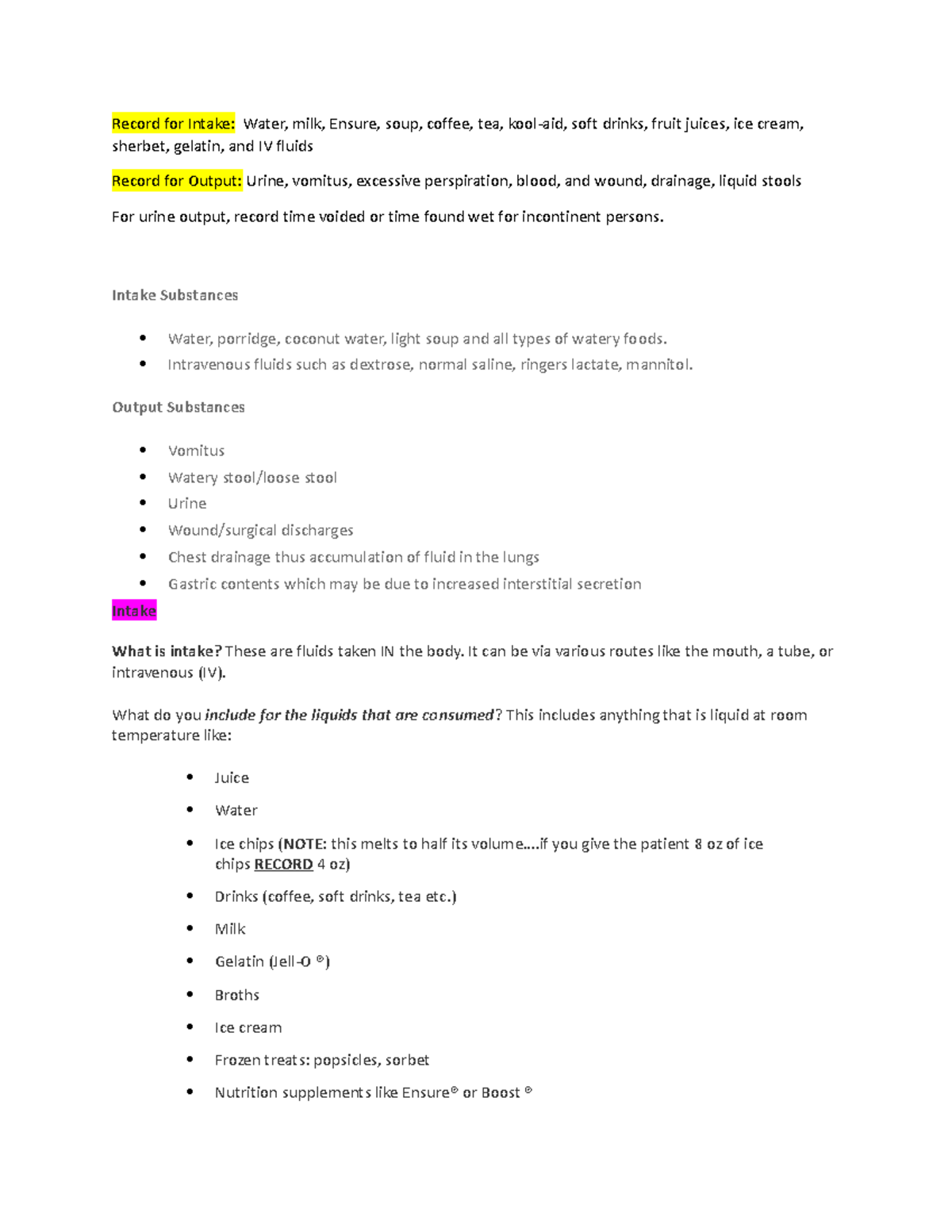 Intake and Output Rules: Guideline for Nursing Practice (NUR 101) - Studocu
