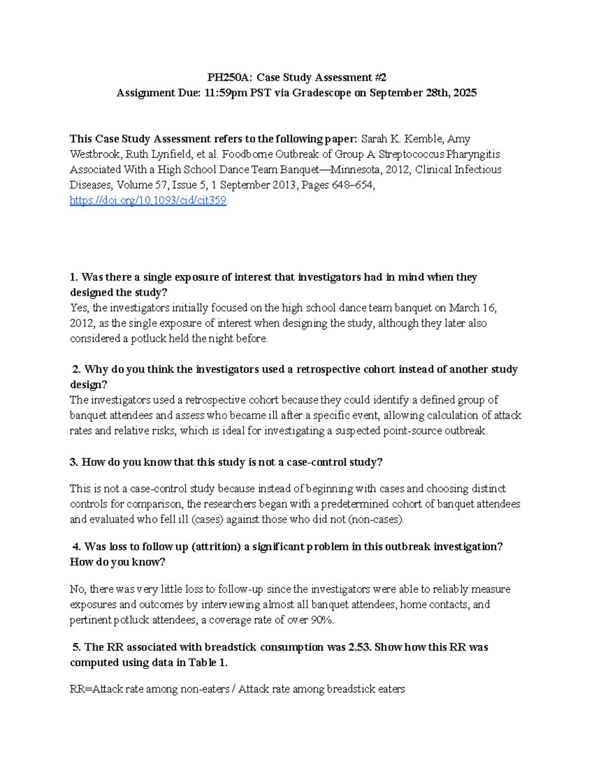 PH250A: Case Study on Foodborne Outbreak Investigation - Studocu