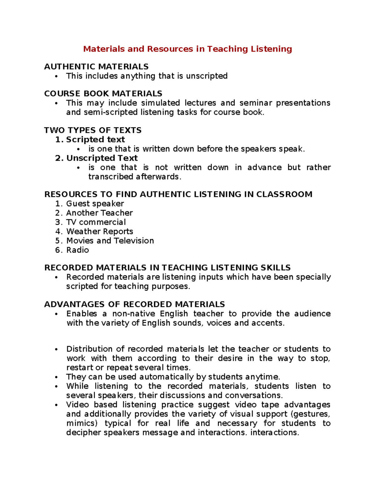 Teaching Listening: Course Materials and Resources Overview - Studocu