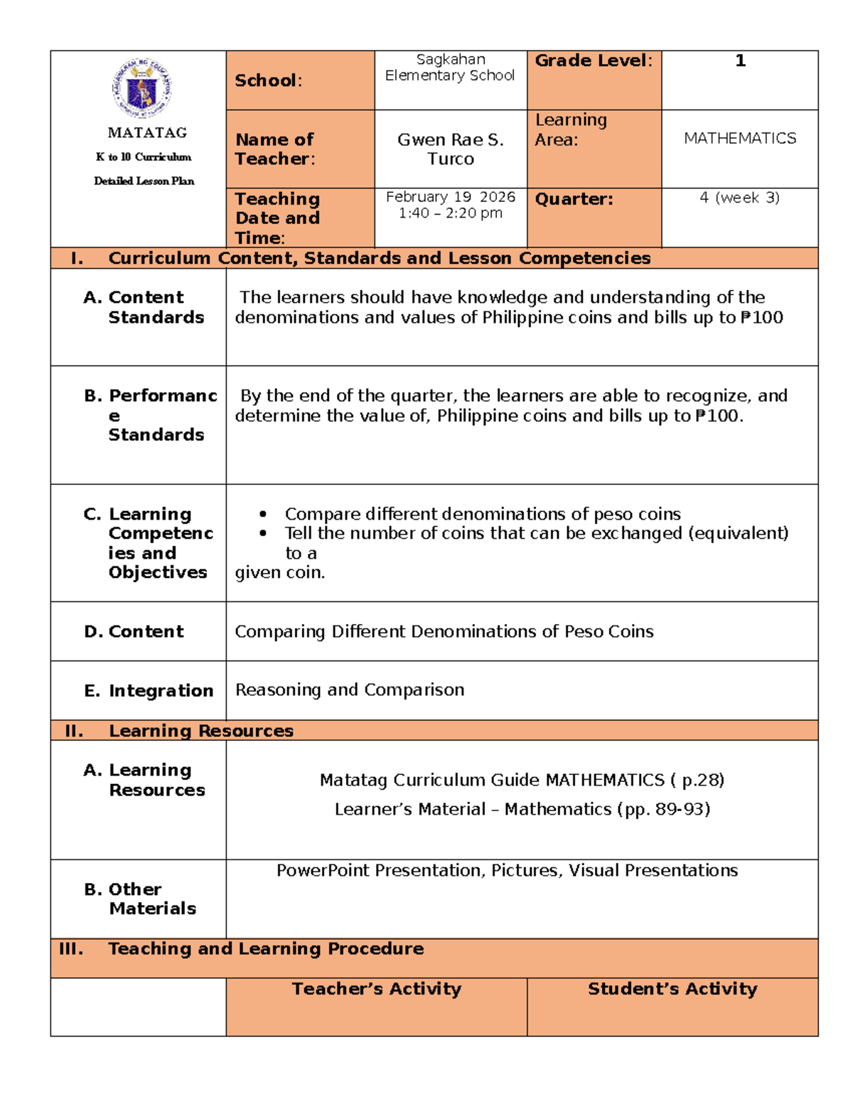 Detailed Lesson Plan: Math 4 - Comparing Peso Coins - Studocu