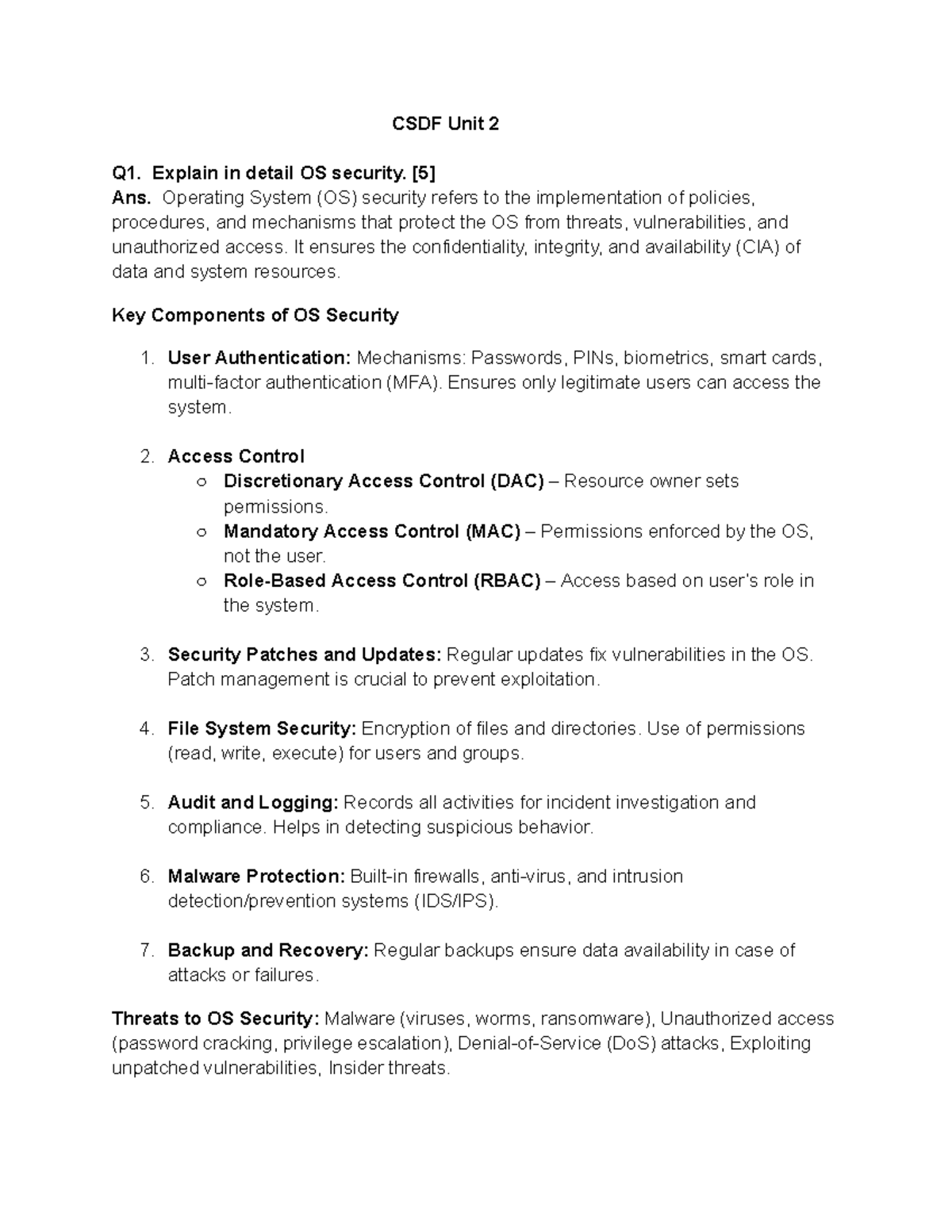 CSDF Unit 2 - Detailed Overview of OS Security and Access Threats - Studocu